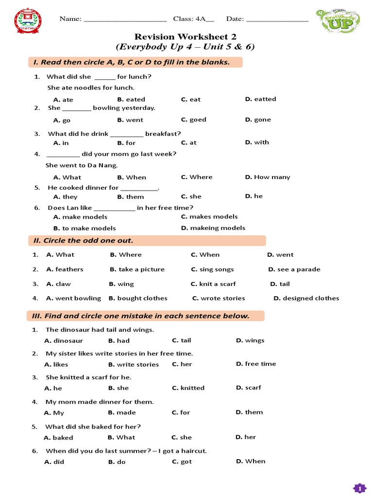 (Everybody Up 4 - Unit 5 & 6) : Revision Worksheet 2 | PDF | Tyrannosaurus