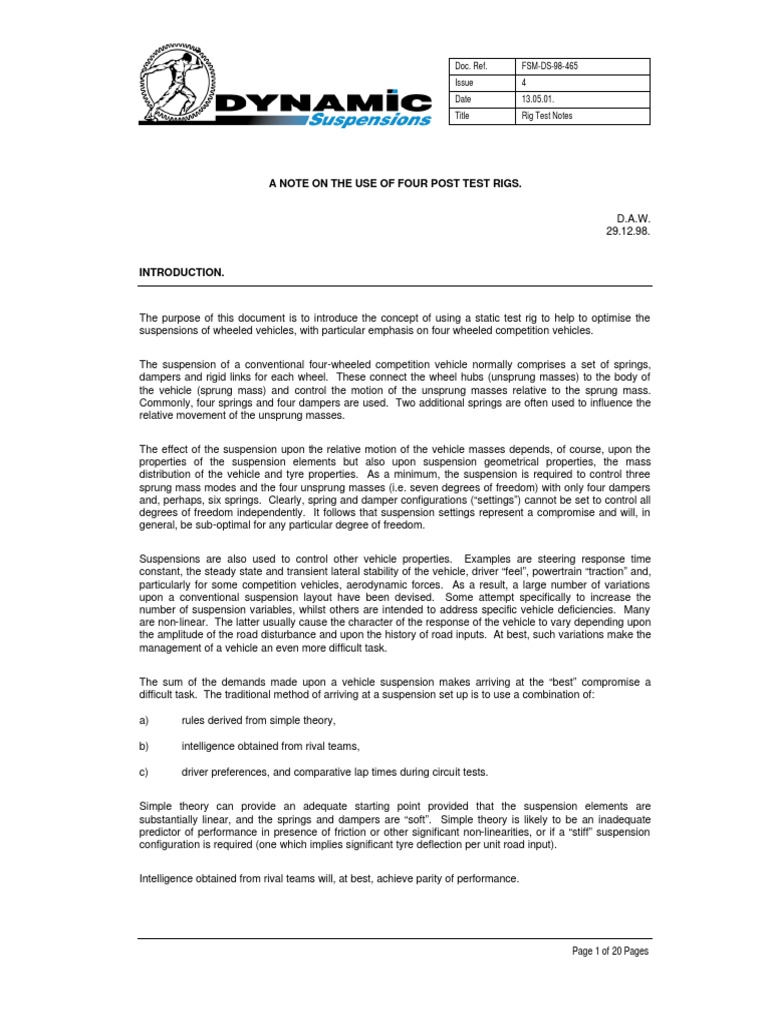 A Note On The Use of Four Post Test Rigs.: Doc. Ref. FSM-DS-98-465 ...