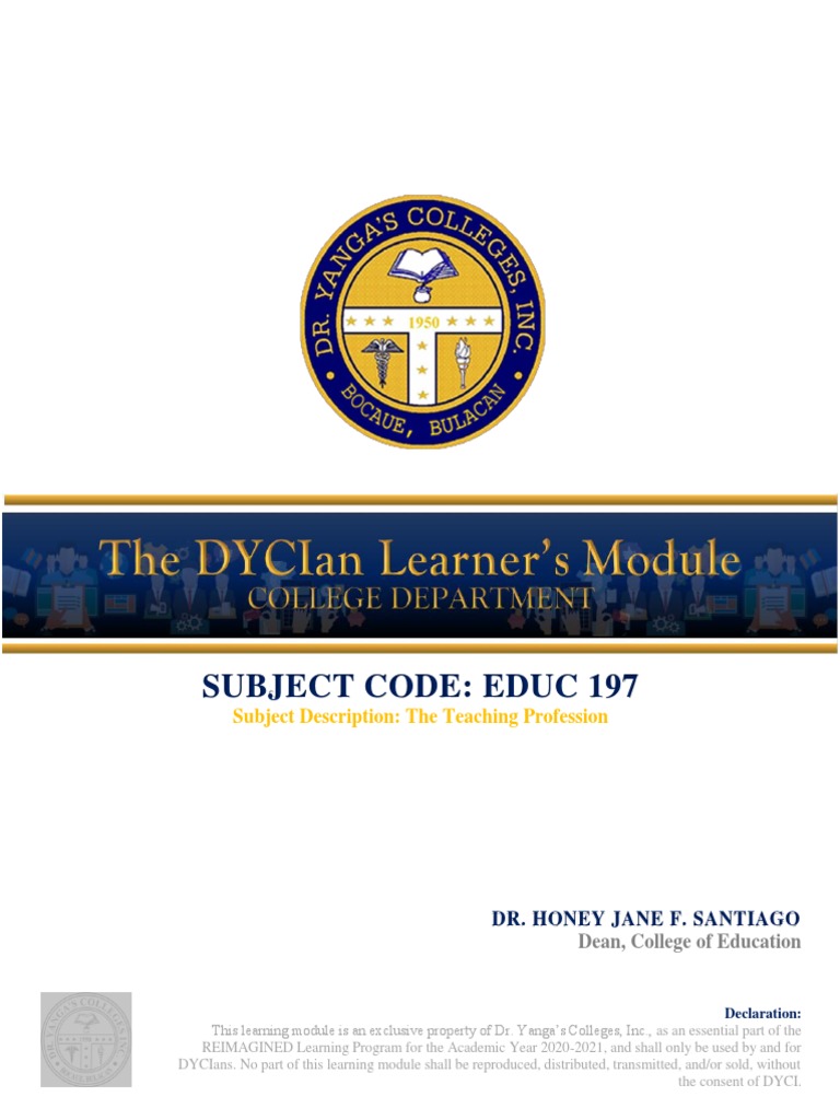 Subject Code: Educ 197: Subject Description: The Teaching Profession ...