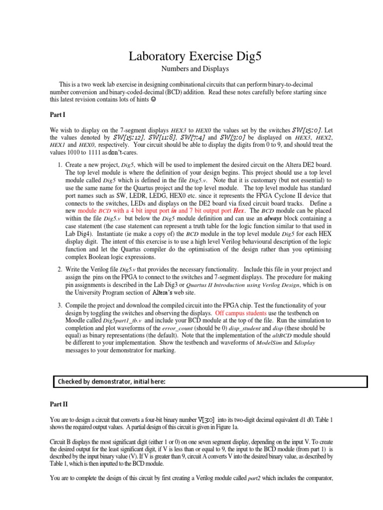Laboratory Exercise Dig5: Numbers and Displays | PDF | Binary Coded Decimal | Field Programmable ...
