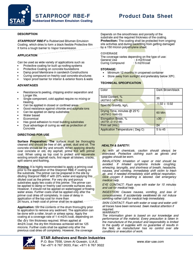 Starproof Rbe-F Product Data Sheet: Rubberized Bitumen Emulsion Coating ...