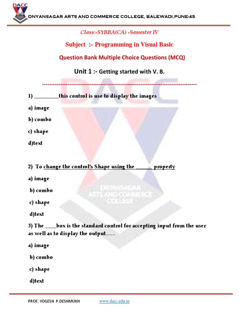 Unit 1:-: Question Bank Multiple Choice Questions (MCQ) | PDF | Array ...