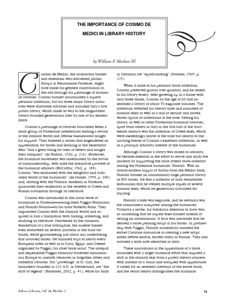The Importance of Cosimo de Medici in Library History | PDF ...