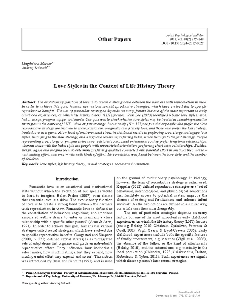 Love Styles and Life History Theory | PDF | Love | Dependent And ...