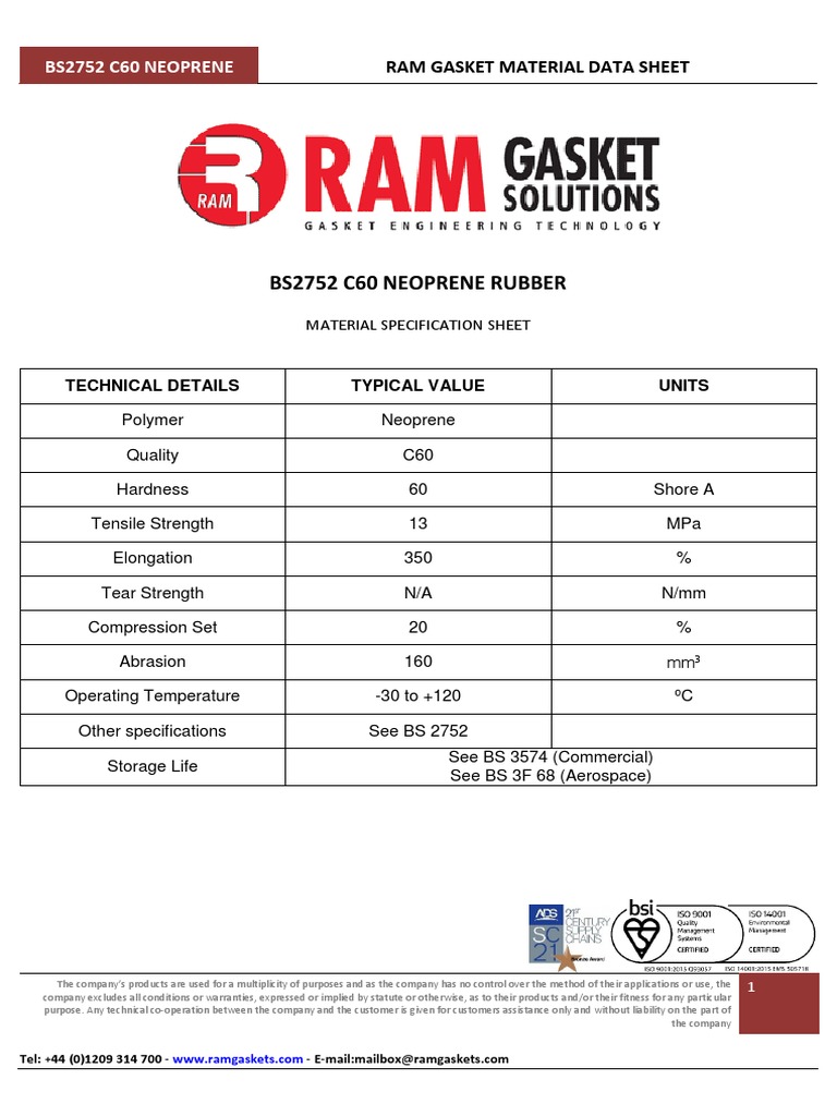 BS2752 C60 Neoprene Gasket Data Sheet | PDF | Materials Science ...