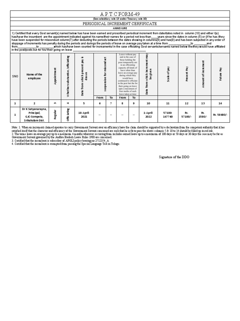 A.P.T.C FORM-49: Periodical Increment Cerfificate | PDF | Government ...