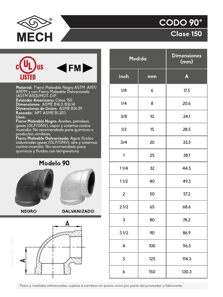 Ficha Tecnica Codo Fierro Negro y Galvanizado 150 LBS 90G | PDF | Química Física | Gases