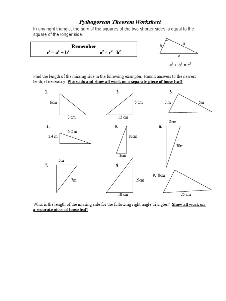 Pythagorean Theorem Worksheet: Remember C A + B A C - B | PDF | Home ...