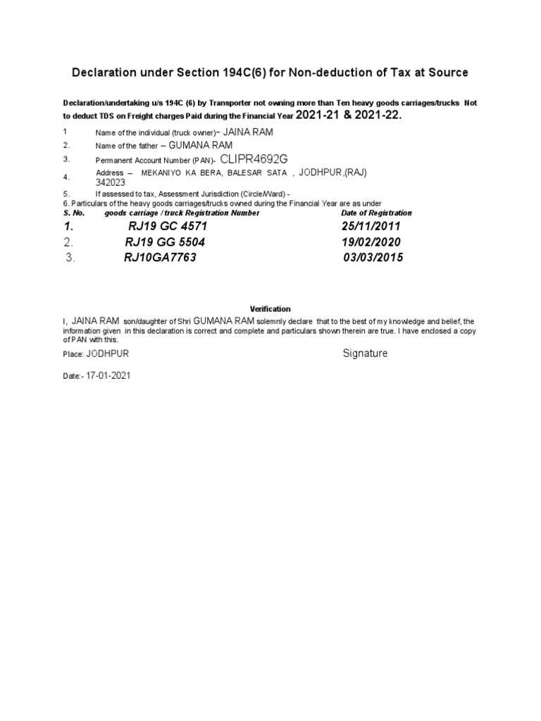 Declaration Under Section 194C (6) For Non-Deduction of Tax at Source 2021-21 & 2021-22 | PDF