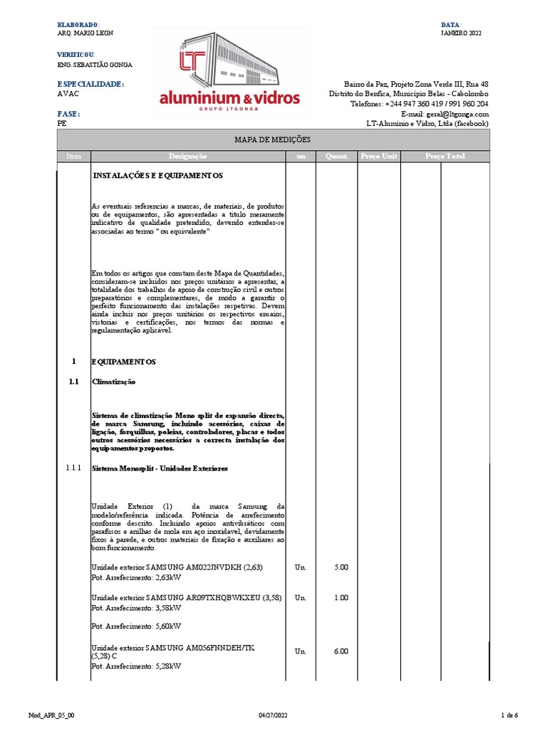 AVAC Mapa de Quantidades | PDF | Termodinâmica de Engenharia ...
