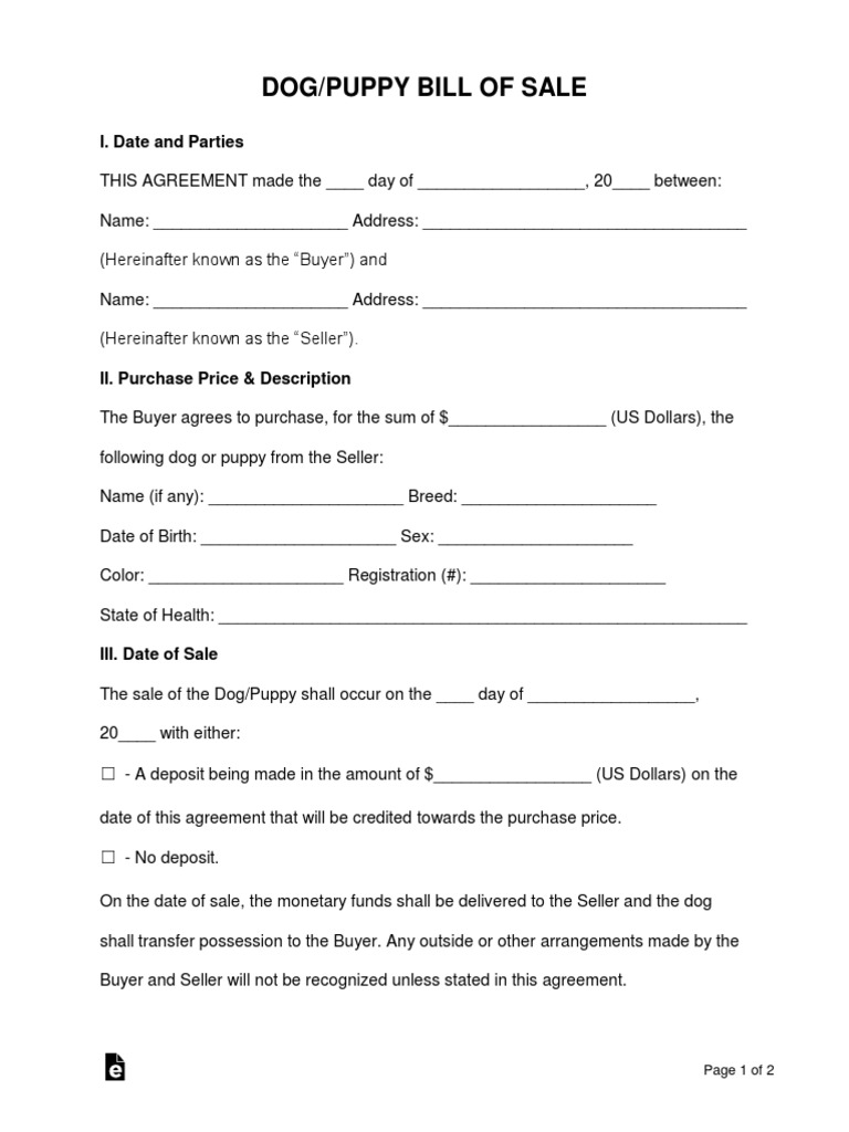Dog Puppy Bill of Sale Form | Download Free PDF | Sales | Business