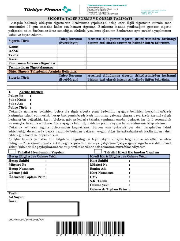 Si̇gorta Talep Formu | PDF