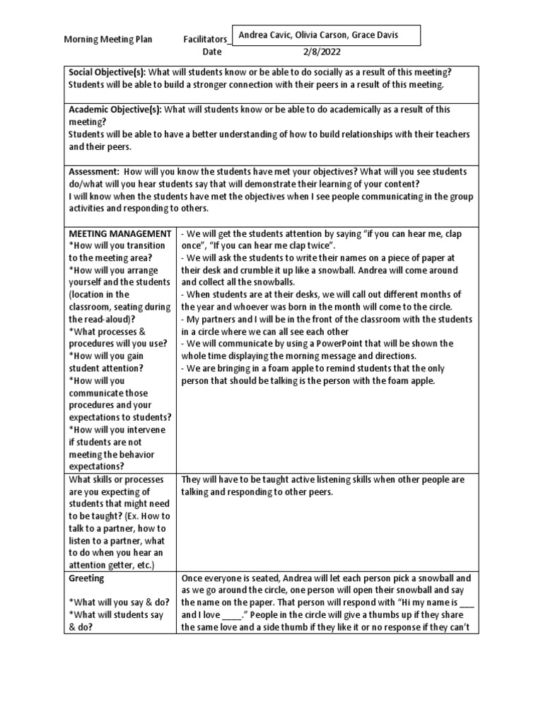 Morning Meeting Planning Template 1 | PDF