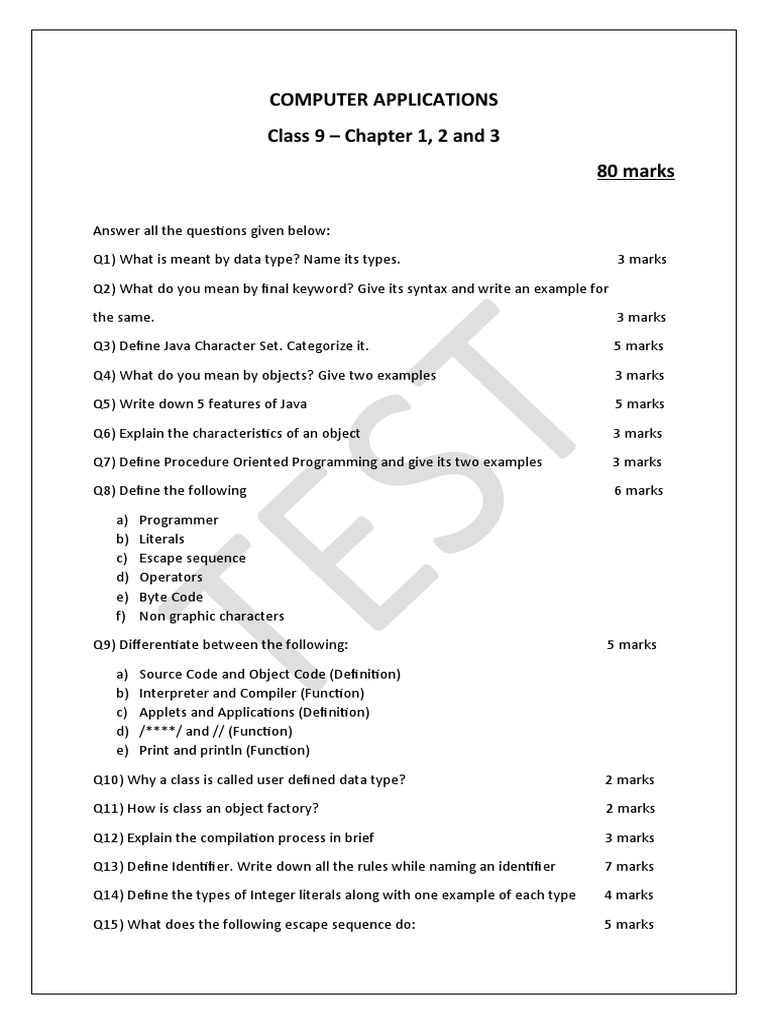Chapter 1,2,3 Test Class 9 | PDF | Java (Programming Language ...