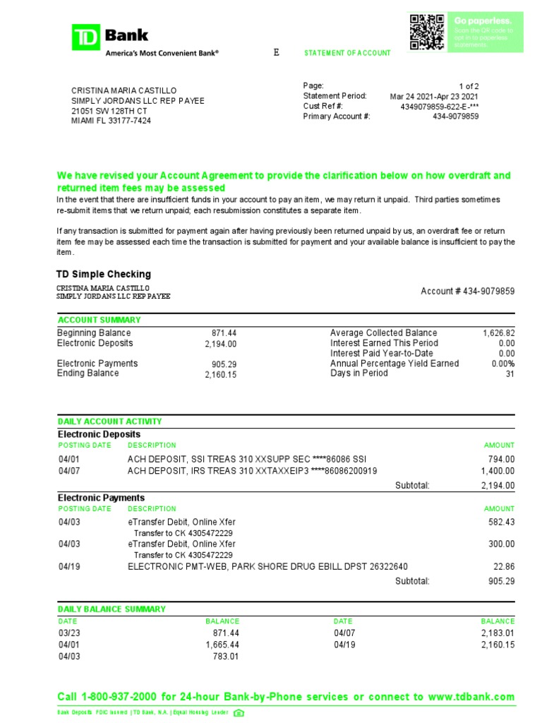 Simply Jordan TD Bank Statement Castillo Mar 2021 | Download Free PDF | Overdraft | Deposit Account
