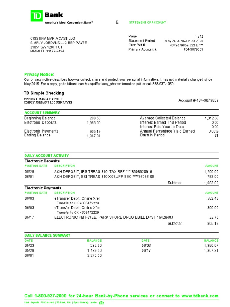 Simply Jordan TD Bank Statement Castillo May 2020 | PDF | Deposit ...