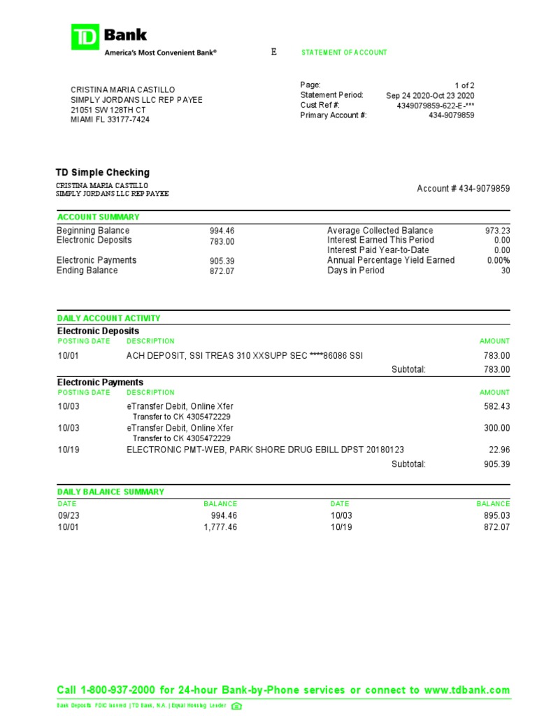 Simply Jordan TD Bank Statement Castillo Sep 2020 | PDF | Banks | Overdraft