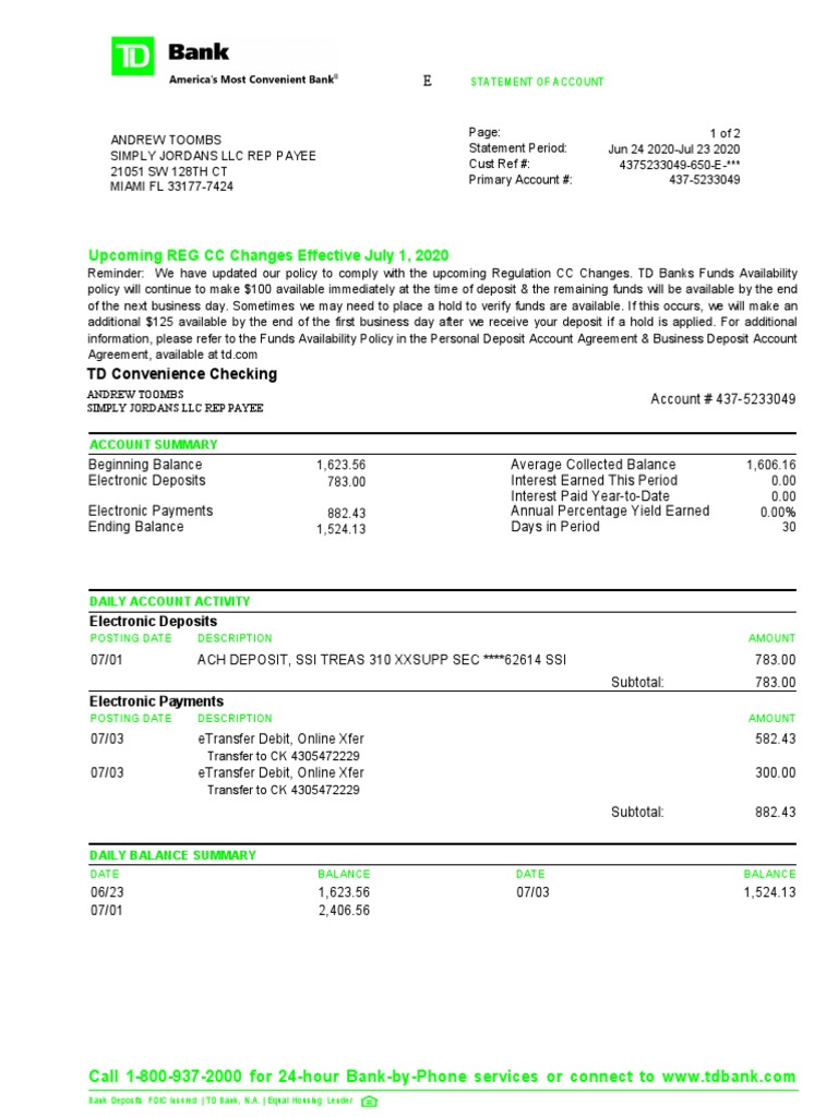 Simply Jordan TD Bank Statement Andrew Jun 2020 | PDF