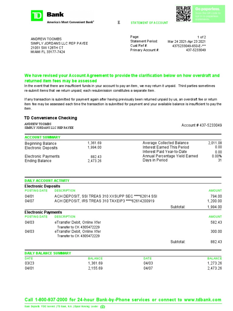 Simply Jordan TD Bank Statement Andrew Mar 2021 | Download Free PDF ...