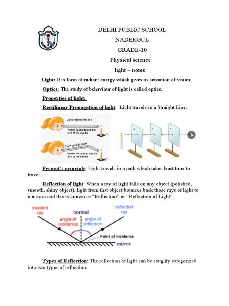 Physical Science Notes on Light: Properties, Reflection, Refraction ...