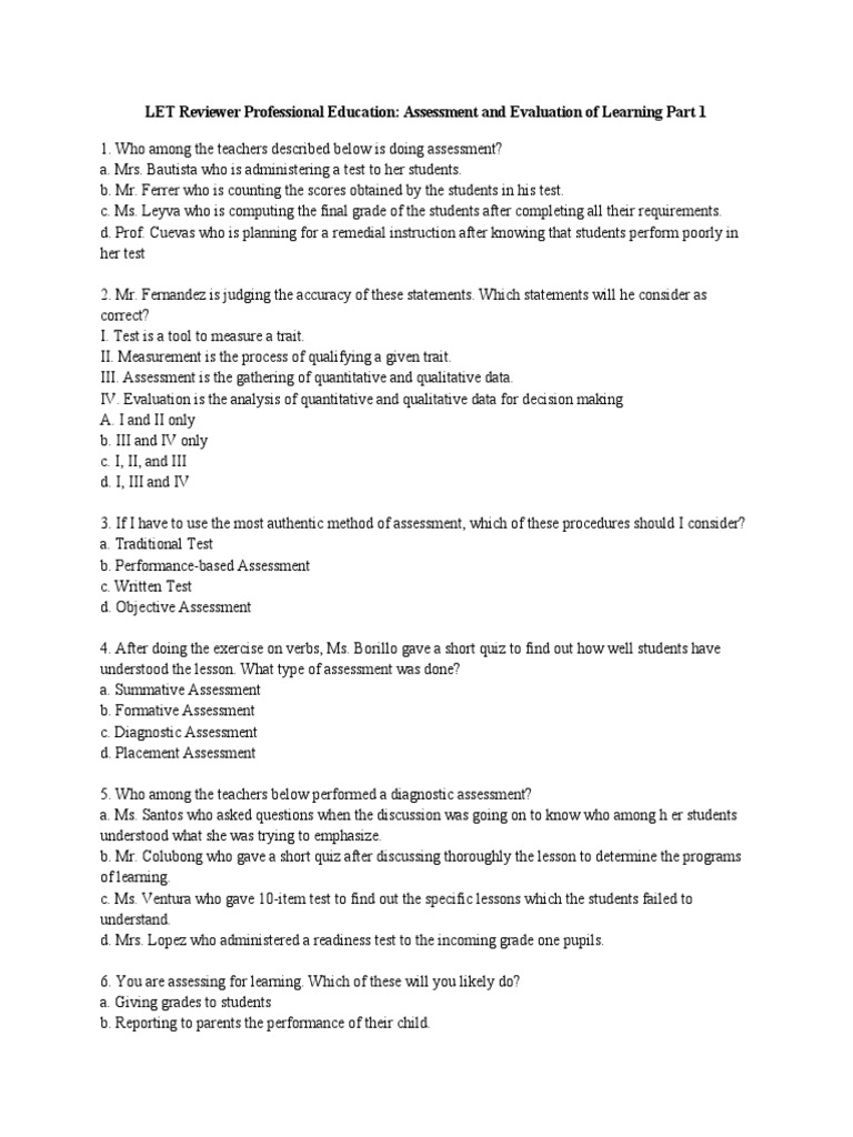 LET Reviewer Professional Education: Assessment and Evaluation of ...