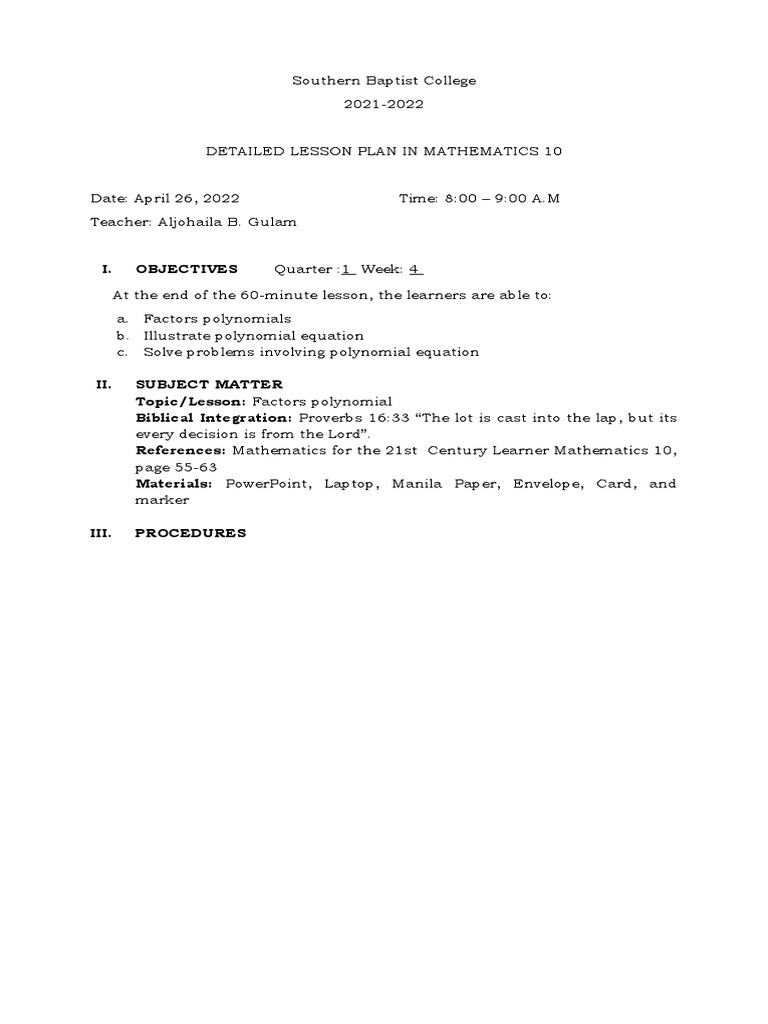 Final Dlp Gr 10 Faftors Polynomial Pdf Factorization Polynomial