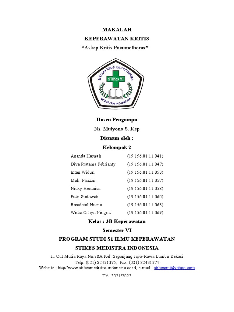 KEL 2 KLS 3B (Askep Kritis Pneumothoraks) | PDF
