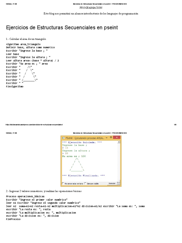 Ejercicios de Estructuras Secuenciales en Pseint - PROGRAMACION | PDF ...