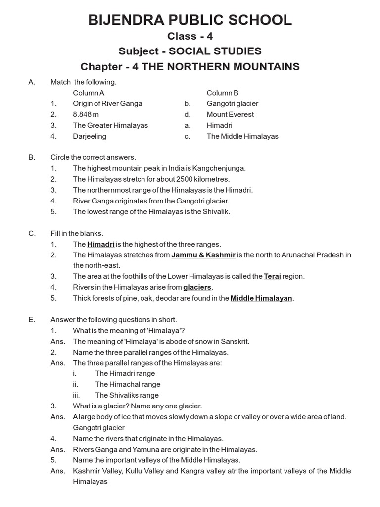 Class 4 Subject Social Studies Chapter 4 The Northern Mountains | PDF ...