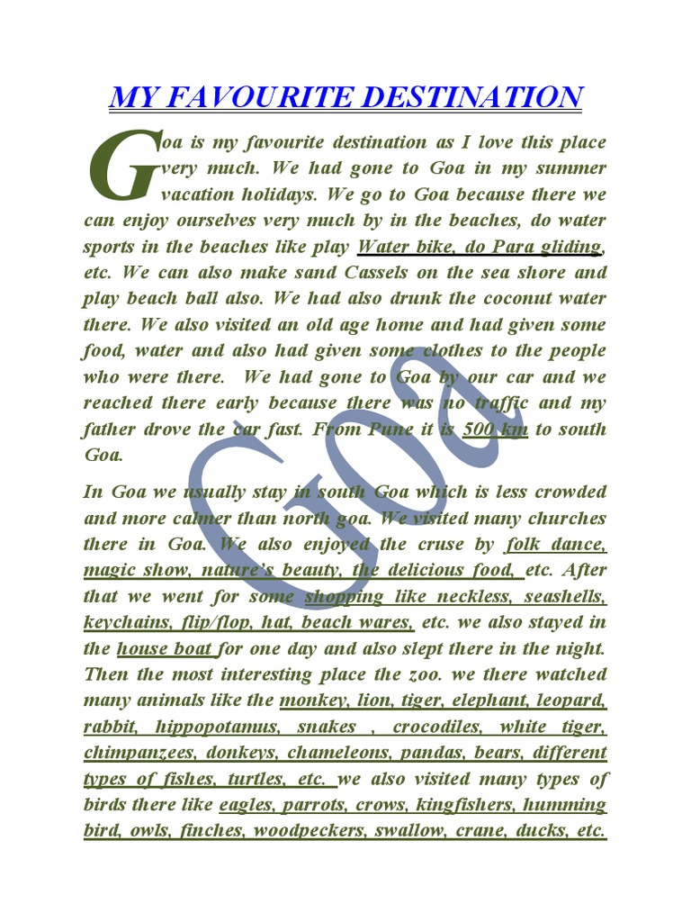 MY FAVOURITE DESTINATION Goa | PDF