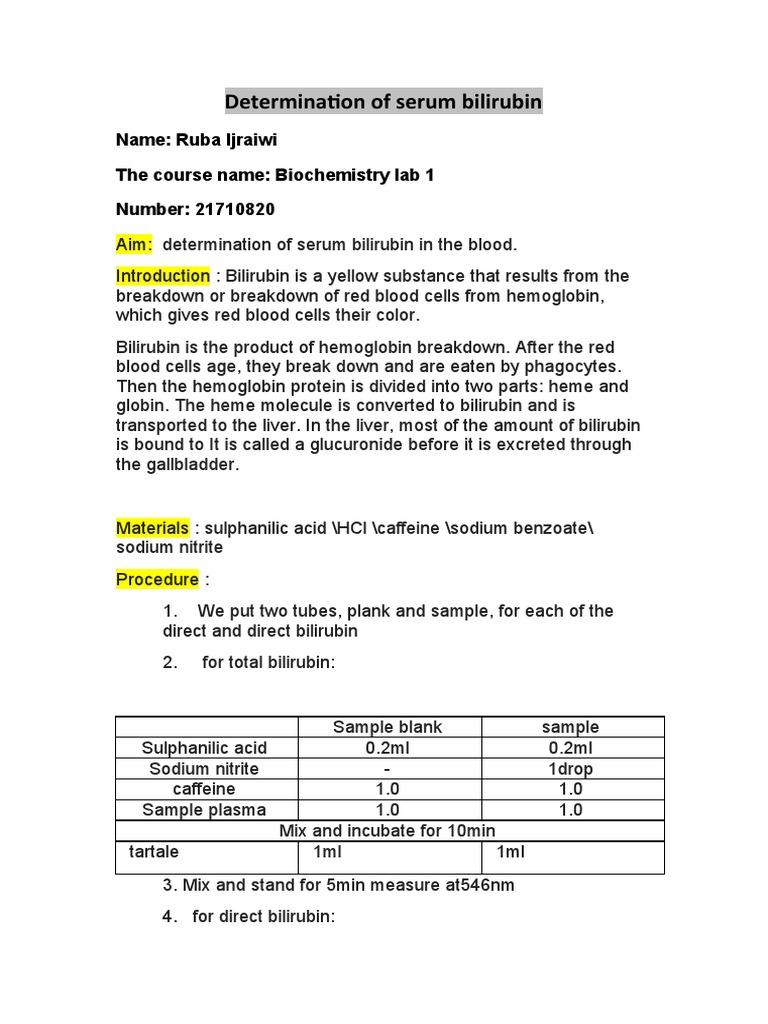 Determination Of Serum Bilirubinn Pdf Ph Hemoglobin