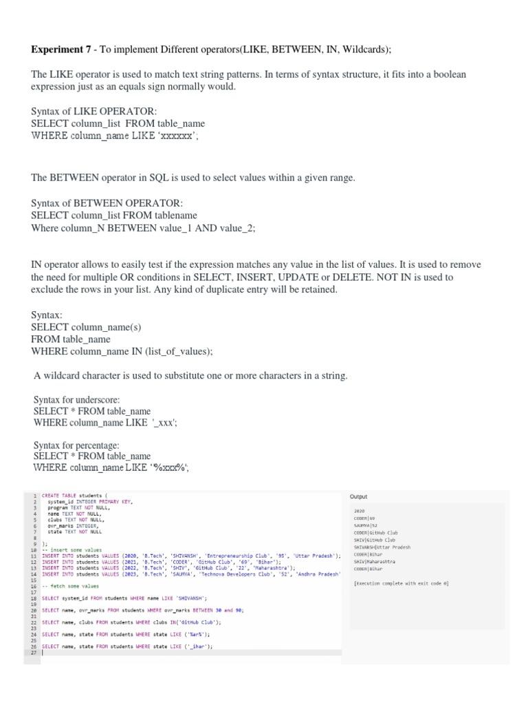 Experiment 7 - To Implement Different Operators (LIKE, BETWEEN, IN ...