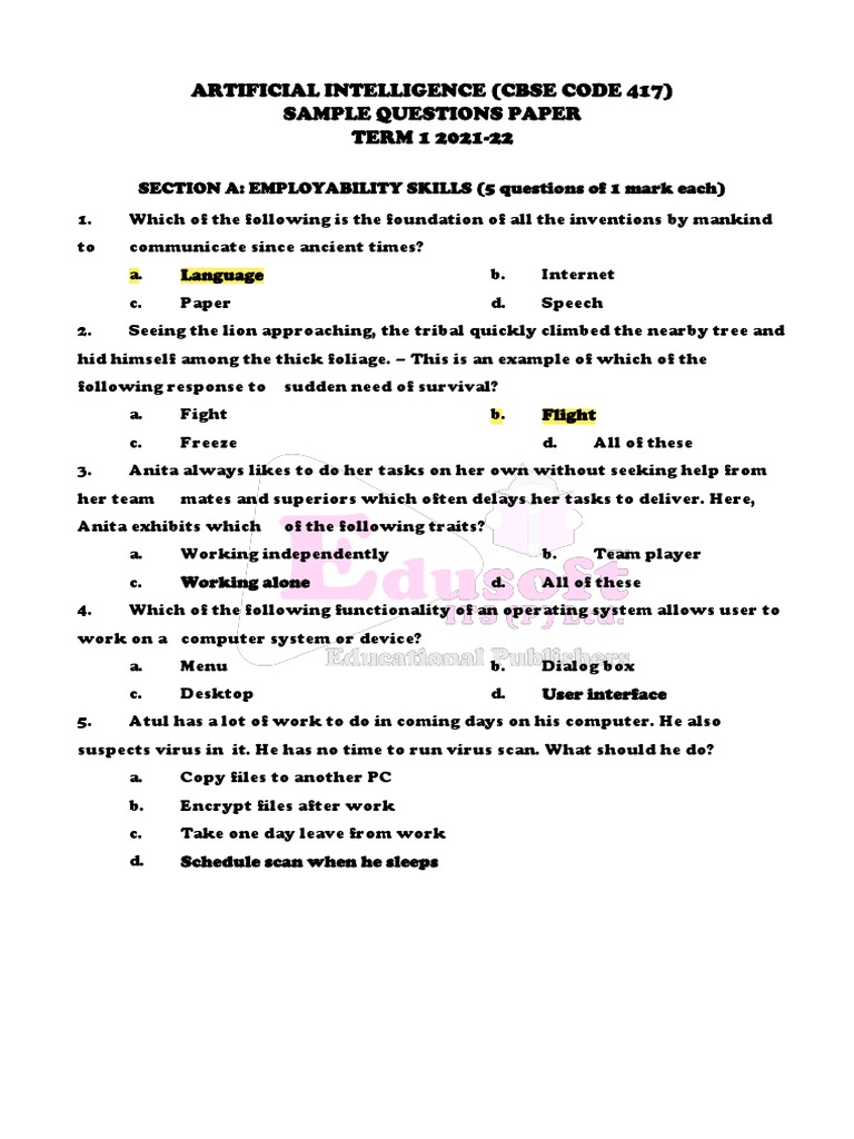 Artificial Intelligence (Cbse Code 417) Sample Questions Paper TERM 1 ...