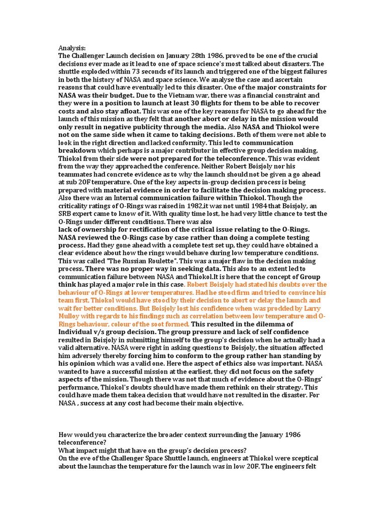 The Challanger Analysis | PDF | Space Shuttle Challenger Disaster | Nasa