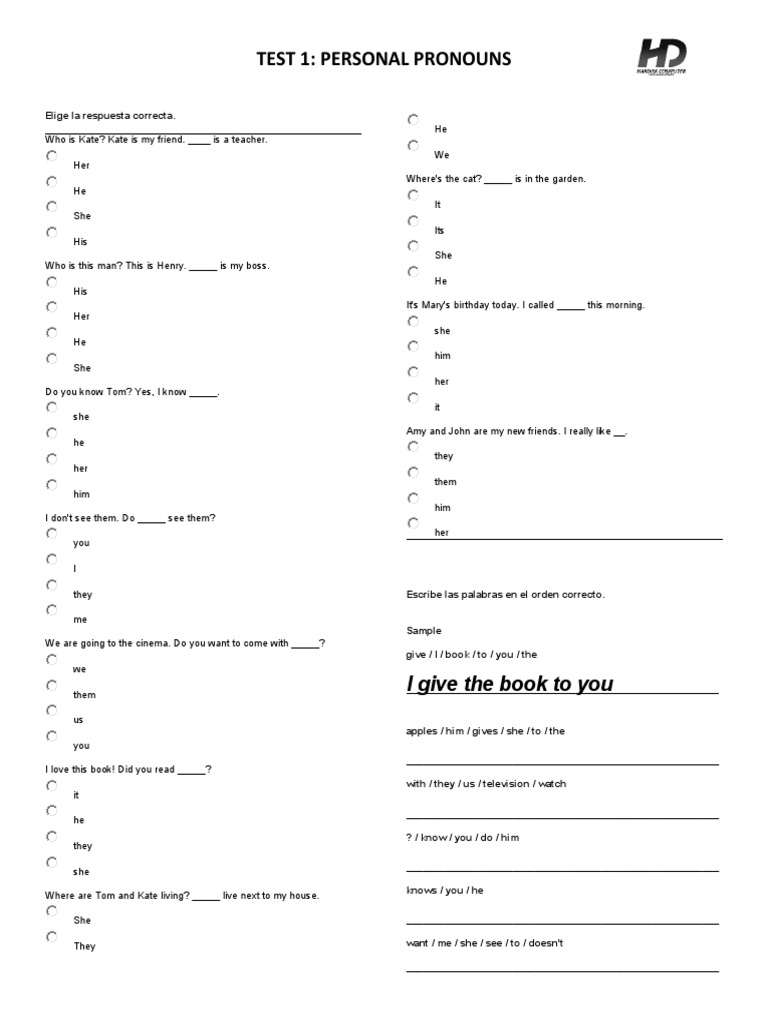 Test 1: Personal Pronouns: I Give The Book To You | PDF