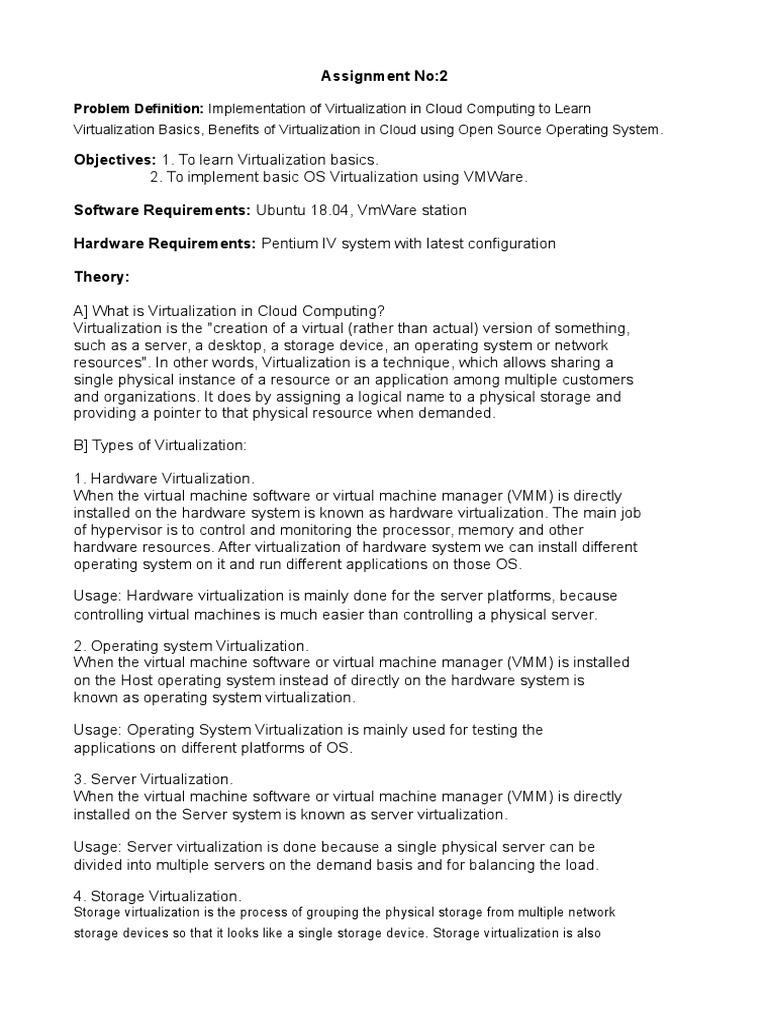 Assignment No:2: Virtualization Basics, Benefits of Virtualization in Cloud Using Open Source ...