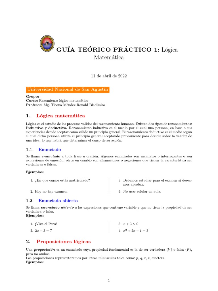 Guia Teorico Practico 1 L Gica de Matem Tica Unsa | PDF | Proposición | Si y solo si