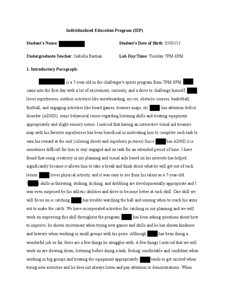 Individualized Education Program (IEP) Student's Name: Wade Quinlan ...