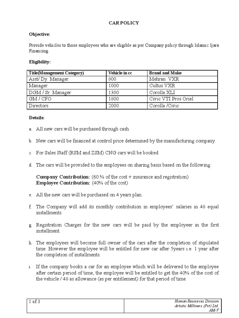 Car Policy | PDF | Human Resources | Employment
