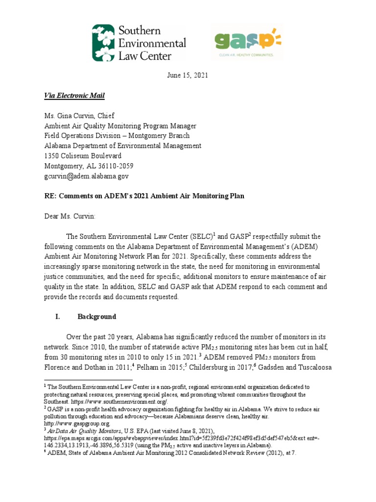 2021-06-15 SELC GASP Comments On 2021 Ambient Air Monitoring Plan | PDF ...