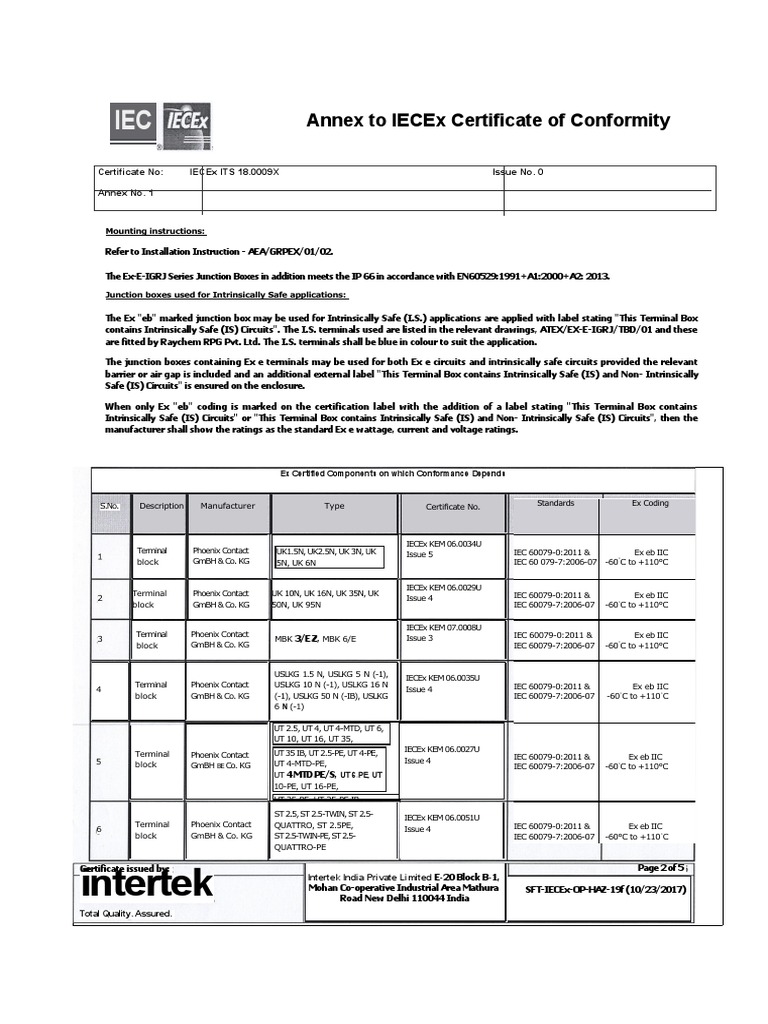 Intertek: Annex To Iecex Certificate of Conformity | PDF | Electrical ...