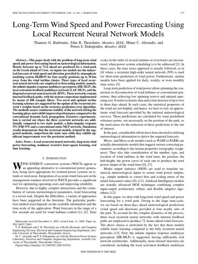 Long-Term Wind Speed and Power Forecasting Using Local RNNs Models | PDF | Forecasting ...
