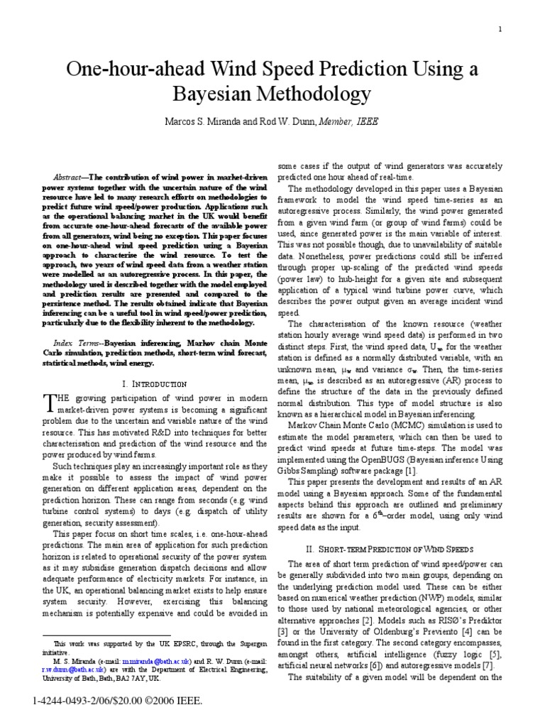 One-hour-Ahead Wind Speed Prediction Using A Bayesian Methodology | PDF ... One-hour-Ahead Wind Speed Prediction Using A Bayesian Methodology | PDF ...