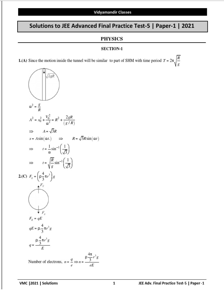 JEE Advanced Final Practice Test-5 - Paper-1 - Solutions | PDF ...
