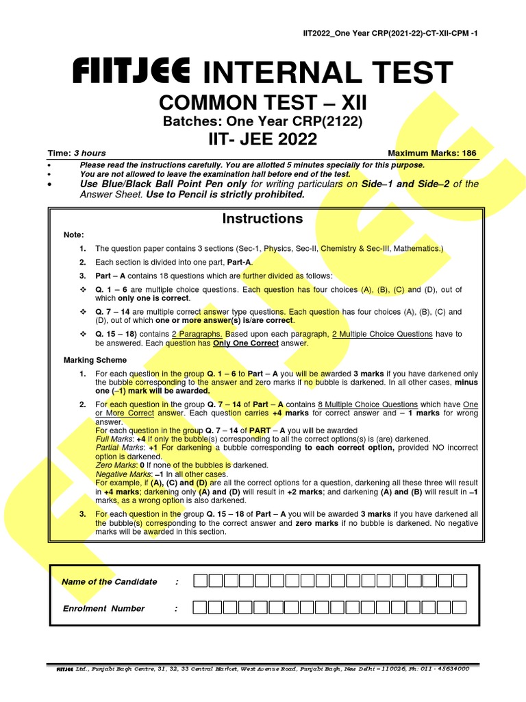 Fiitjee: Internal Test | PDF | Electronvolt | Photoelectric Effect