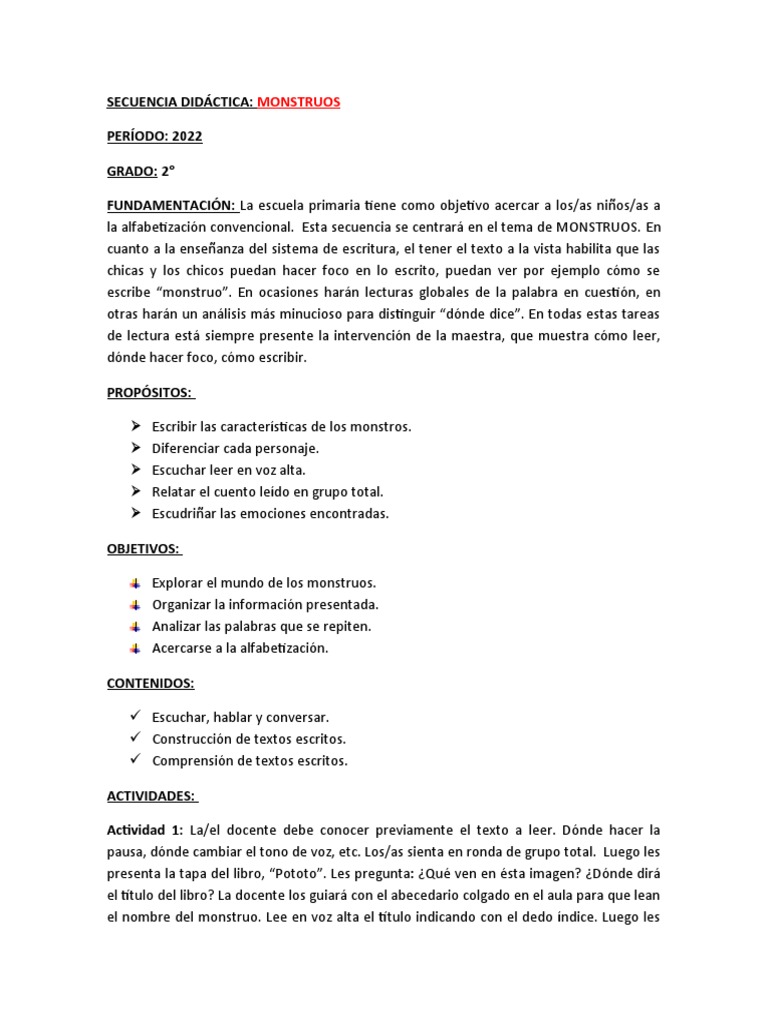 Secuencia Didáctica Monstruos | PDF | Literatura