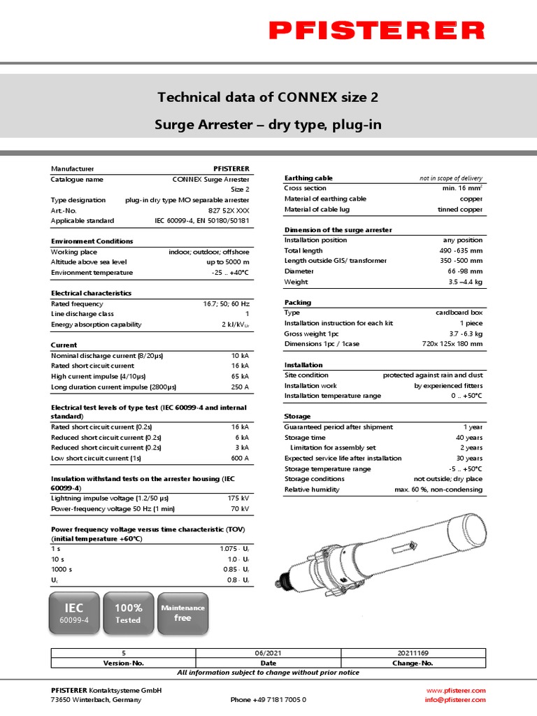 Technical Data of CONNEX Size 2 Surge Arrester - Dry Type, Plug-In ...