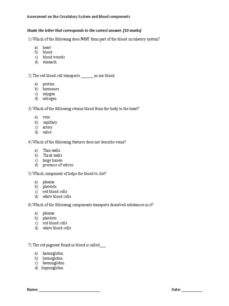 Circulatory System Assessment Worksheet | PDF | Blood | Circulatory System