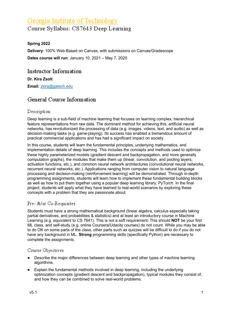 Spring 2022 CS7643 Deep Learning Syllabus and Schedule - v5.1 | PDF | Deep Learning | Artificial ...