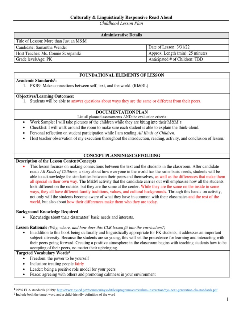 CLR Read Aloud Lesson Plan - Samantha Wender | PDF | Lesson Plan ...